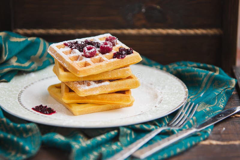Five Waffles Stacked, Garnished with Raspberries. Soft Focus Stock ...