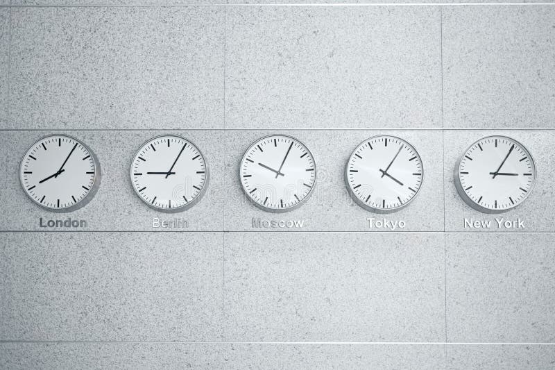 Five Wall Clocks Showing Time in Different Stock Photo - Image of ...