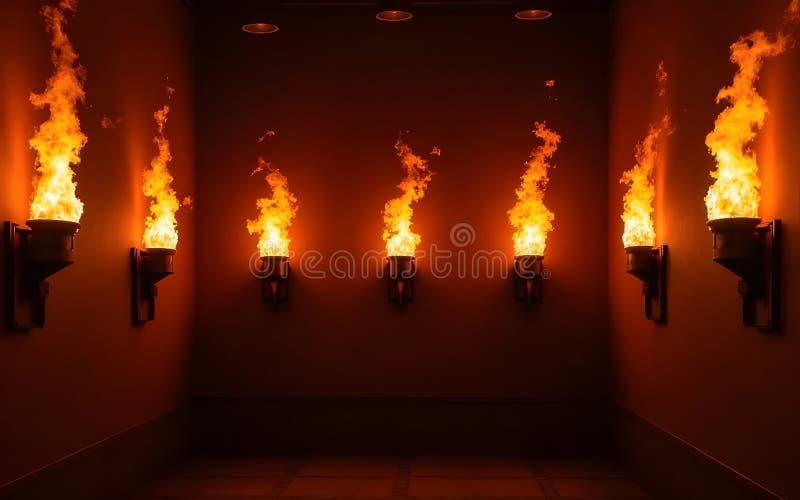 Five Wall Torches Burning Brightly in Dark Room Stock Illustration ...