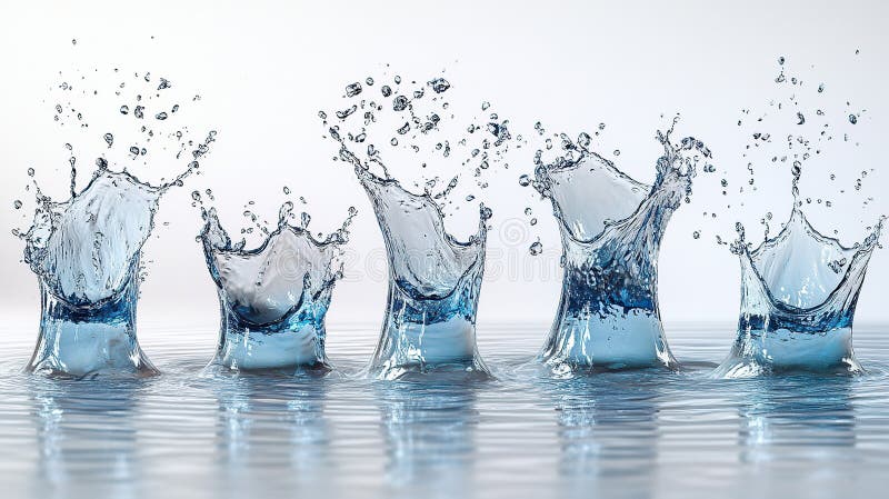 Five Water Splashes in a Row, Creating a Symmetrical Pattern Reflecting ...