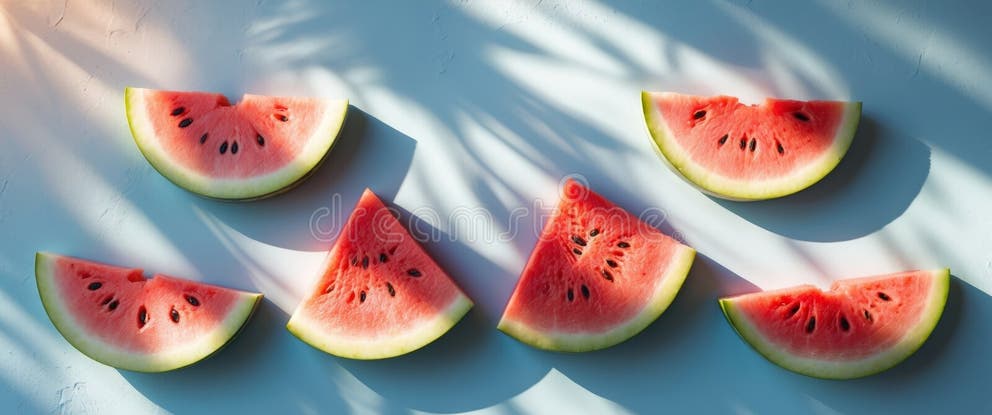 Five Watermelon Slices on a Blue Background. Stock Photo - Image of ...