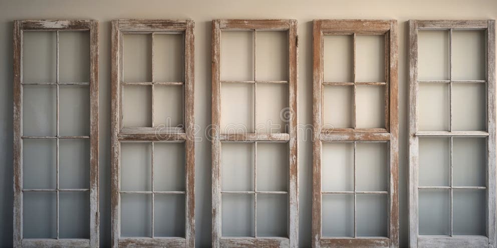 Five Weathered Wooden Window Frames with Four Panes Each. Stock Image ...