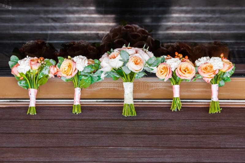 Five Wedding Bouquets of Roses Stock Photo - Image of elegance ...