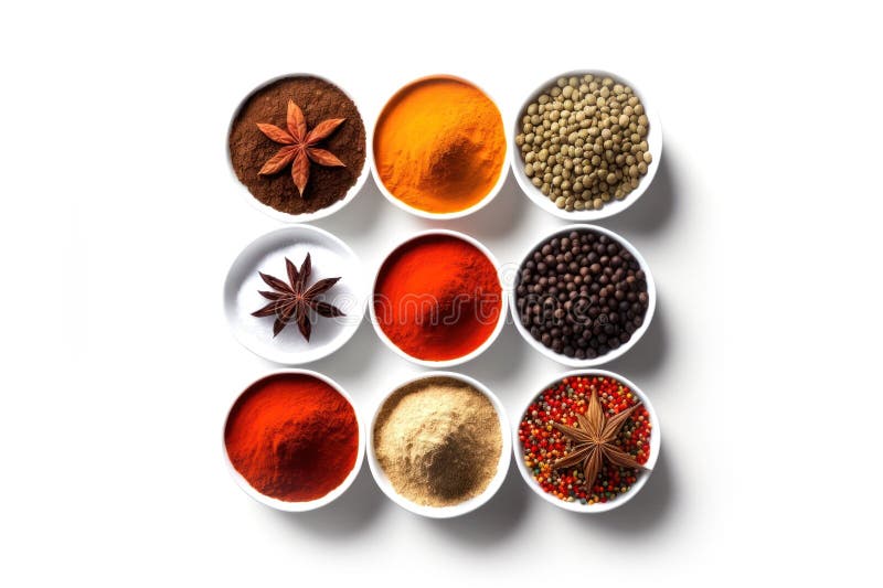 Five White Bowls Containing Assorted Spices on a White Table Stock ...