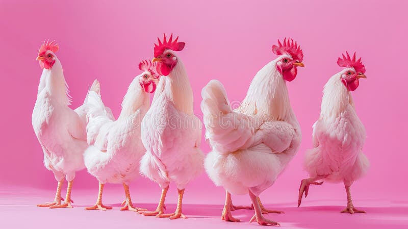 Five White Chickens on a Pink Background Stock Illustration ...