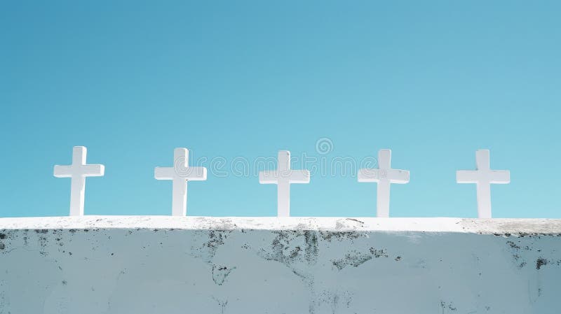 Five White Crosses Against a Clear Blue Sky on a Concrete Wall ...