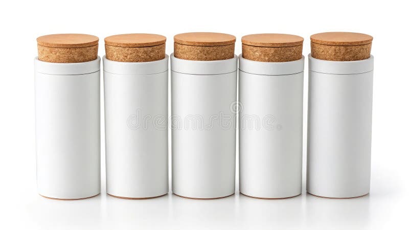 Five White Cylindrical Containers with Cork Lids Stock Illustration ...