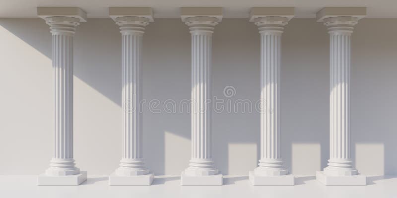 Five White Marble Pillar Doric Rhythm Column in Row on Empty White ...