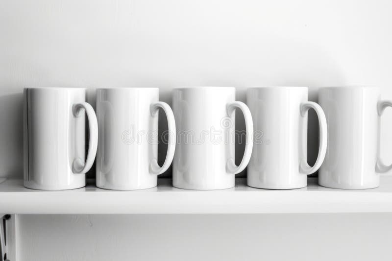 Five White Mugs Sit on a White Shelf, Lined Up in a Row. the Mugs are ...
