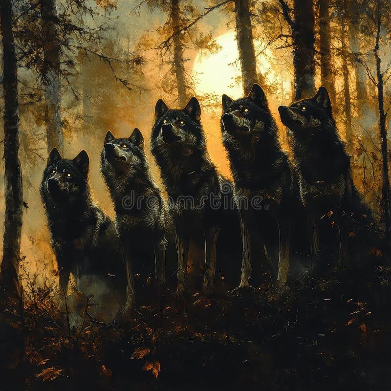 Five Wolves Howling at the Moon in a Forest Stock Illustration ...