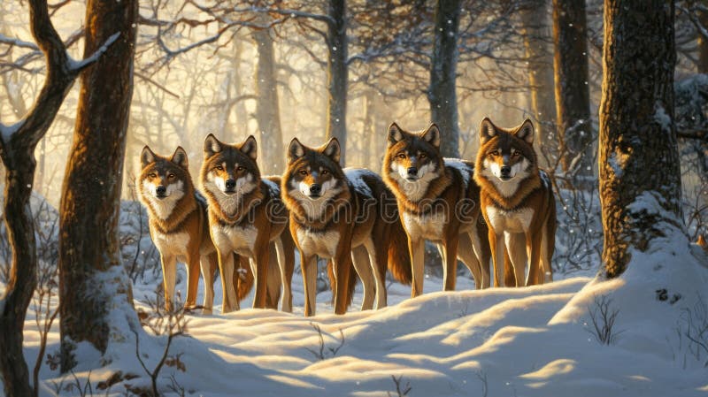 Five Wolves Standing in a Snowy Forest Stock Illustration ...