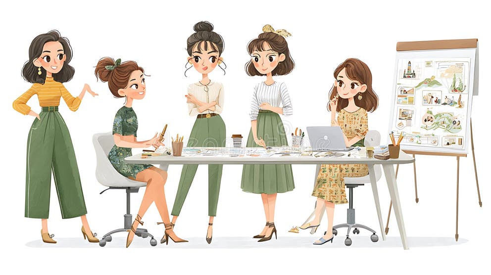 Five Women Collaborating on a Design Project in a Creative Office ...