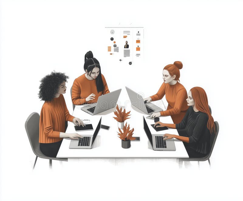 Five Women Collaborating at a Modern Workspace with Laptops and Autumn ...