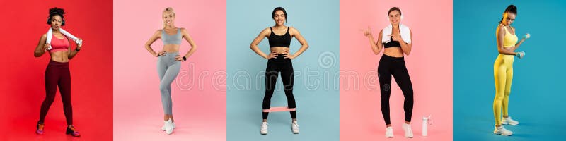 Women Showcasing Diverse Fitness Outfits Against Colorful Backgrounds ...
