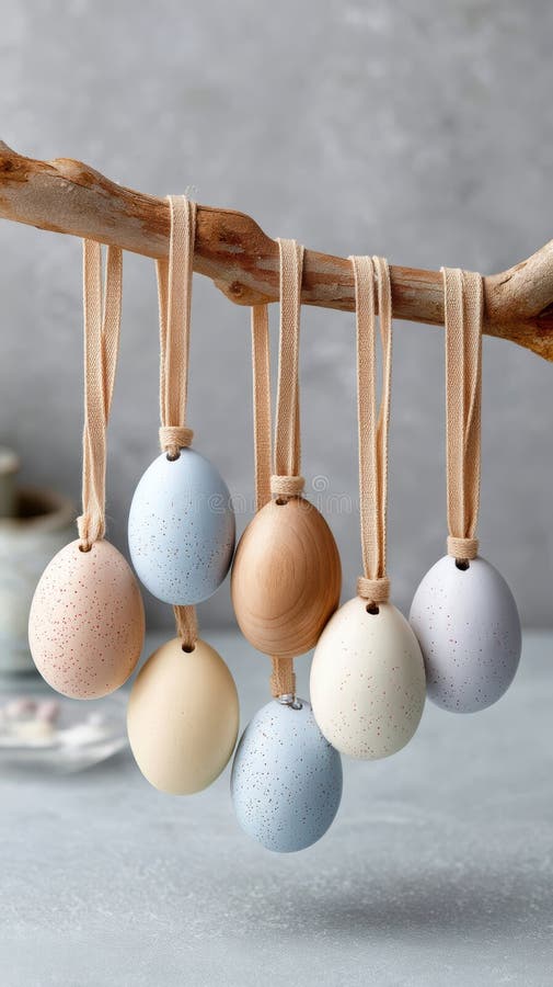 Five Wooden Eggs Dangle from a Branch, Adding a Festive Touch To the ...