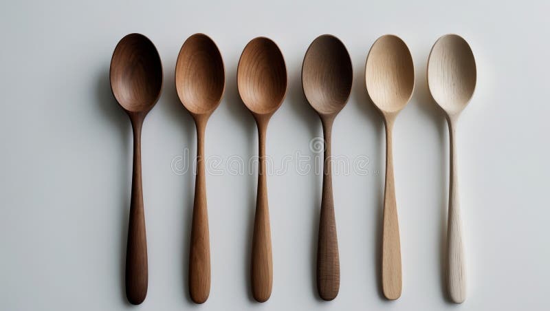 Five Wooden Spoons with Different Shades and Textures Arranged in a Row ...