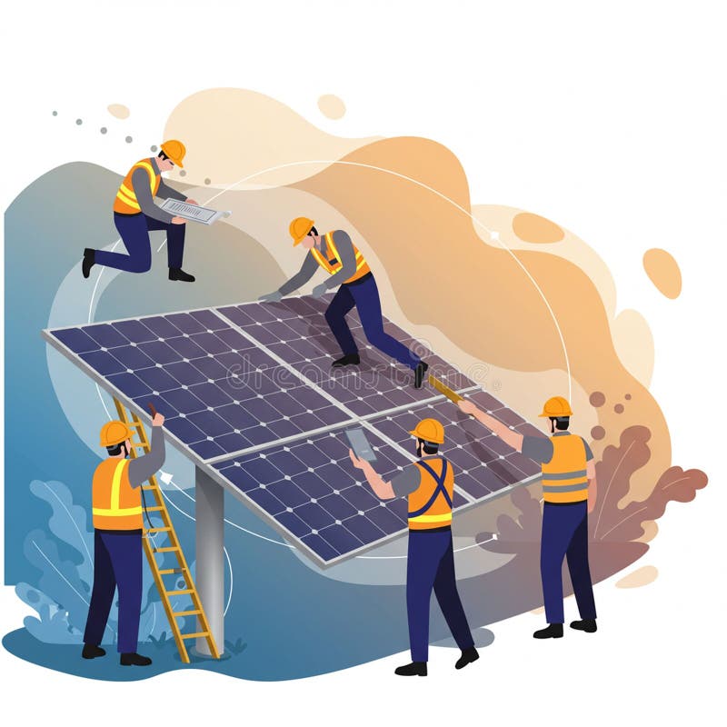 Five Workers in Safety Helmets and Vests are Installing Solar Panels on ...