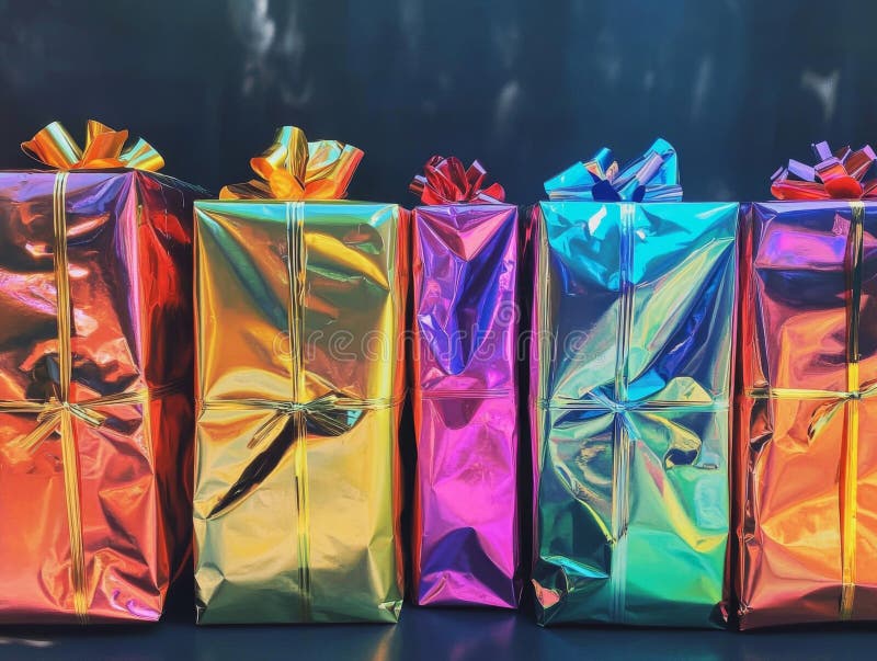 Five Wrapped Gifts in Various Iridescent Colors Stock Illustration ...