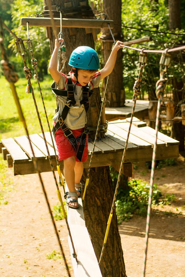 Five Year Boy on Rope-way in Forest Stock Image - Image of hand ...