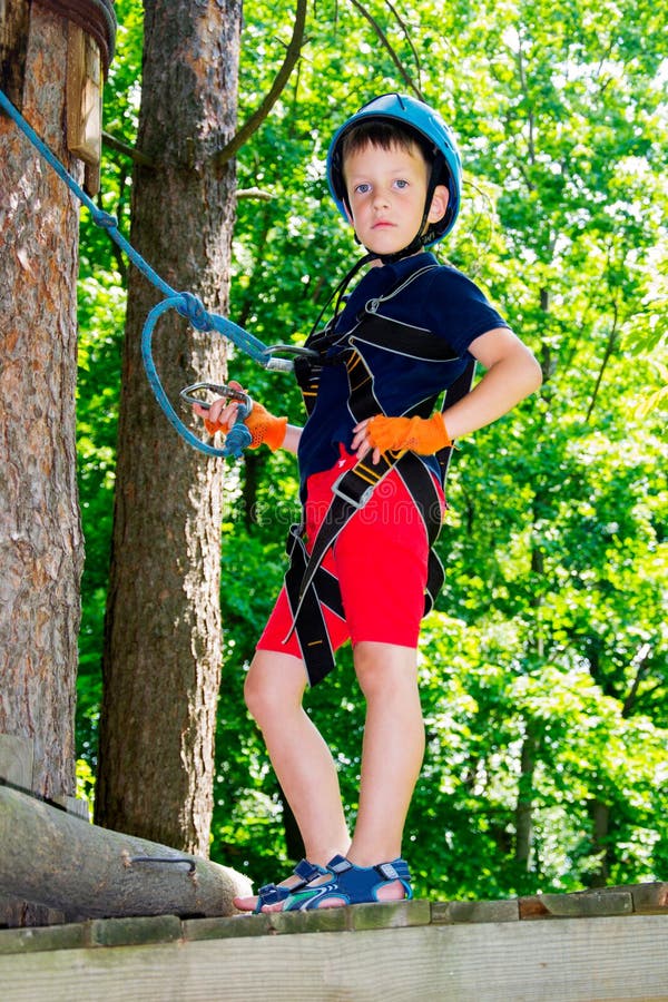 Five Year Boy on Rope-way in Forest Stock Photo - Image of safety ...