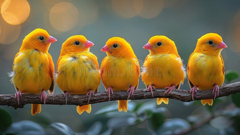 Five Yellow Birds Sitting on a Branch Stock Photo - Image of perch ...