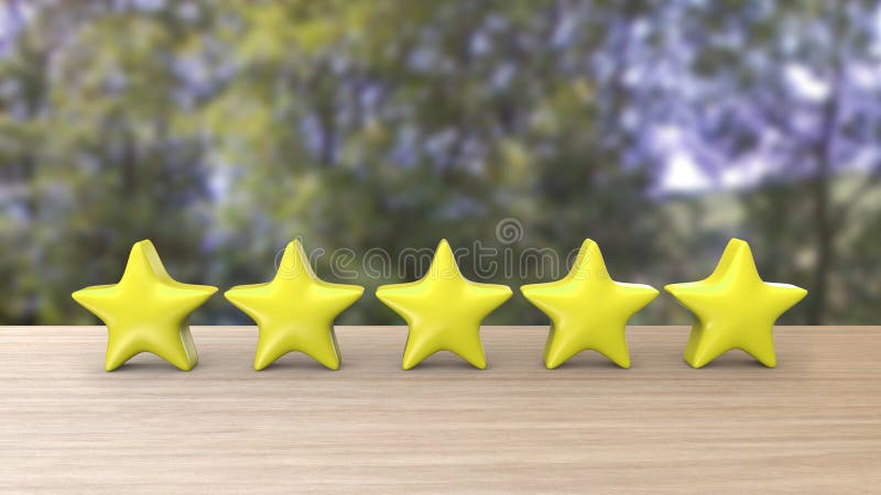 Five Yellow Stars on Wooden Table for Review with Forest with Trees ...