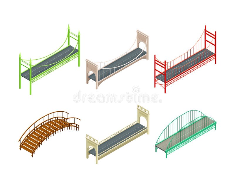 Fixed Bridges Made of Wood or Metal with Beam and Arch Bridge Isometric ...
