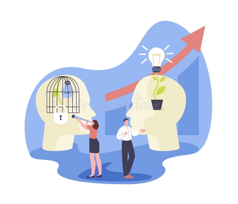 Fixed Vs Growth Mindset. Human Heads with Ideas and Cage, Conservative ...