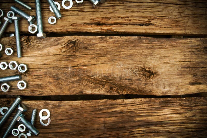 Fixing Elements (nuts, Screws) on Wooden Stock Photo - Image of silver ...