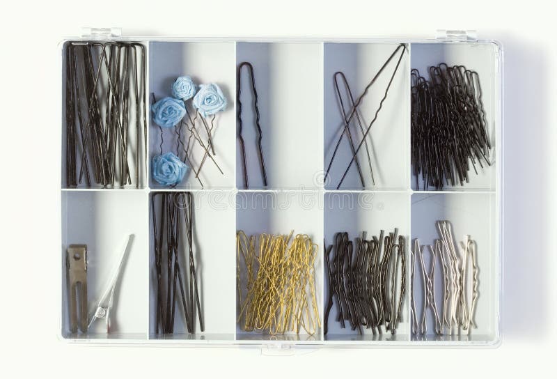 Fixing Hair Pins in a Plastic Box on White Stock Photo - Image of white ...