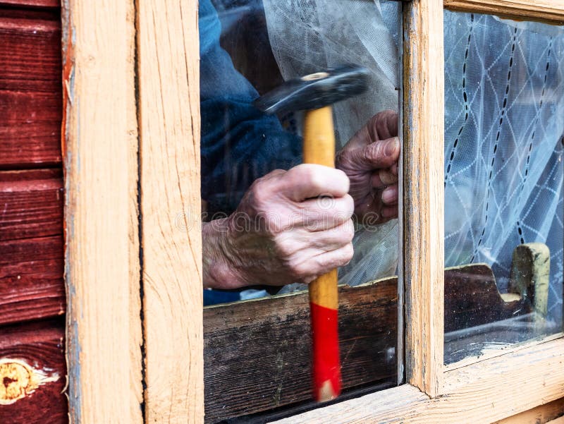 Fixing Window Glass in Wooden Frame Using Hammer Stock Image - Image of ...