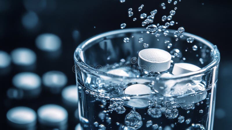 Fizzing Pharmaceutical Tablet Dissolving in Water Against a Dramatic ...