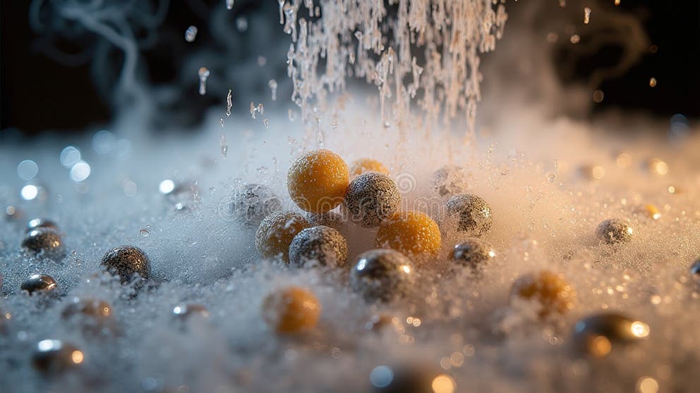 Fizzy Liquid Splash on Colorful Spheres and Bubbles in Motion Stock ...