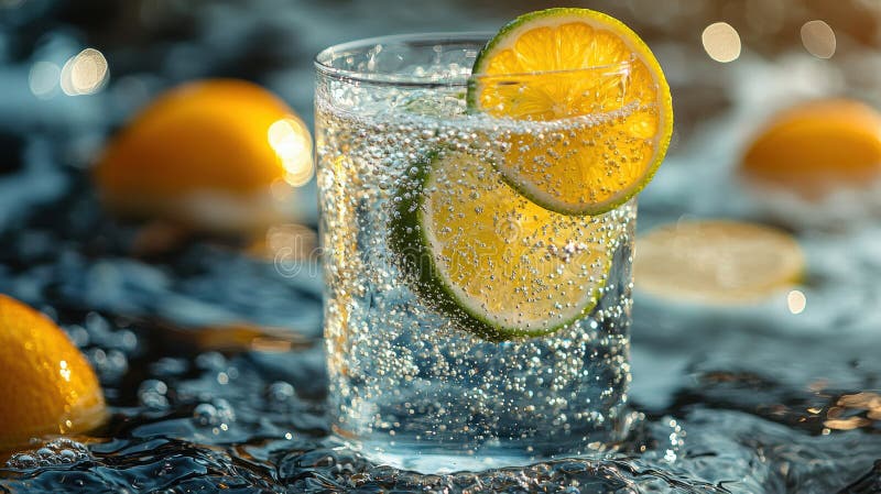 Fizzy Sparkling Water with Lime and Light Reflections Creates ...