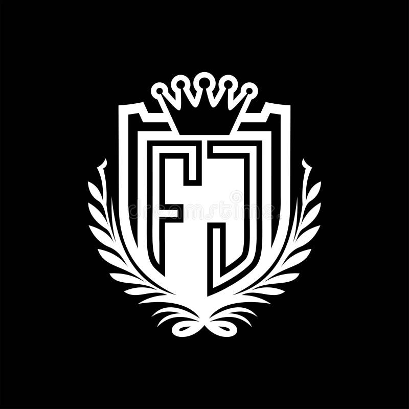 FJ Letter Logo Heraldic Shield Shape with Crown on Black Background ...