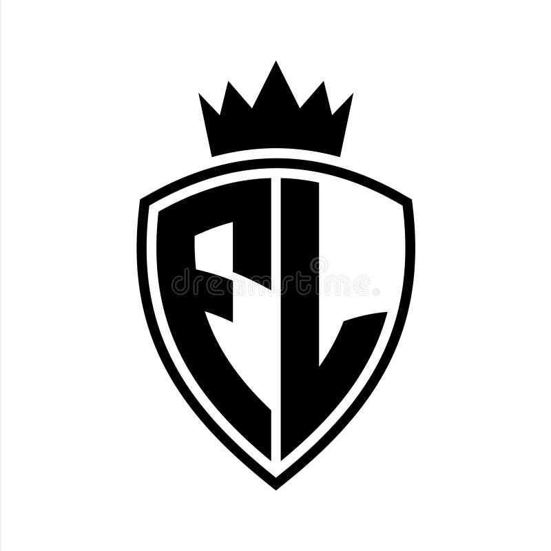 FL Letter Monogram Shield and Crown Outline Shape with Black and White ...