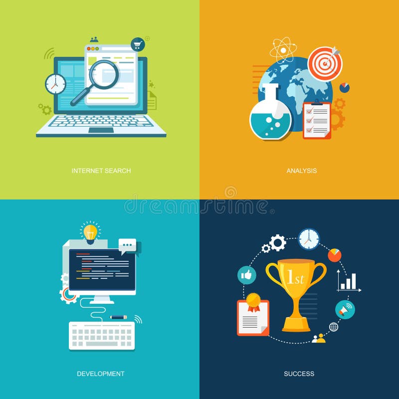 Flache Fahnen Eingestellt Internet-Suche, Analyse, Entwicklung, Succes ...