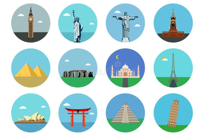 Flache Ikonen Der Weltmarksteine Eingestellt Vektor Stock Abbildung ...