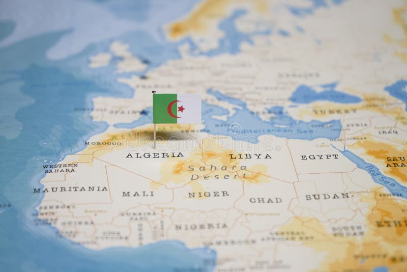 The Flag of Algeria in the World Map Stock Photo - Image of africa ...