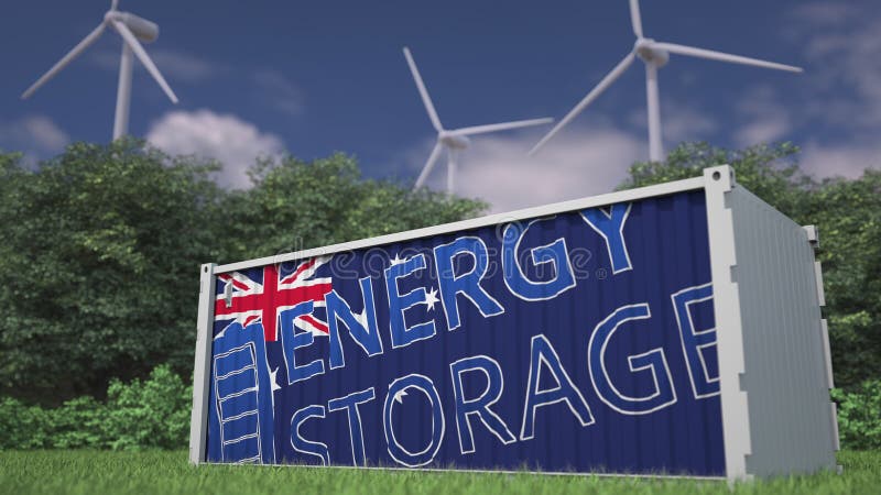 Flag of Australia and ENERGY STORAGE Text on a Battery Container at ...