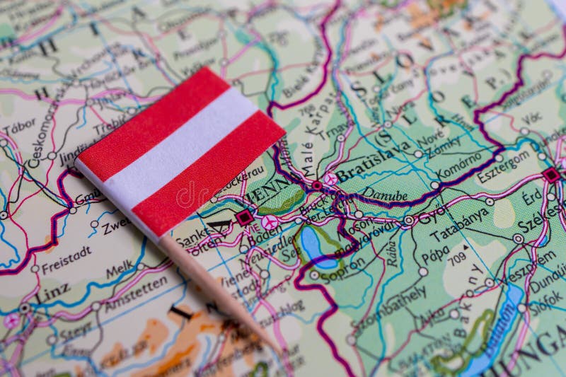 Flag of Austria Close-up on the Map. Capital Vienna. Close-up of the ...