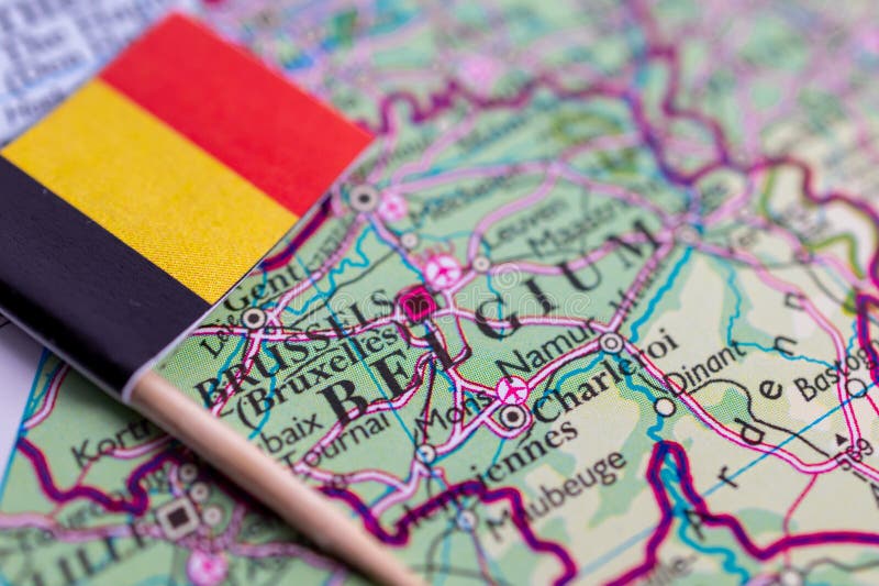 Flag of Belgium Close-up on the Map. Capital Brussels. Close-up of the ...