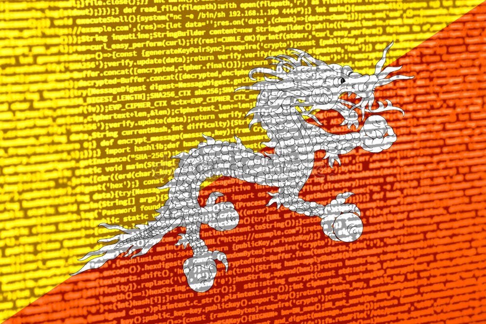 Flag of Bhutan Over Digital Code. Concept of Cybersecurity, Innovation ...