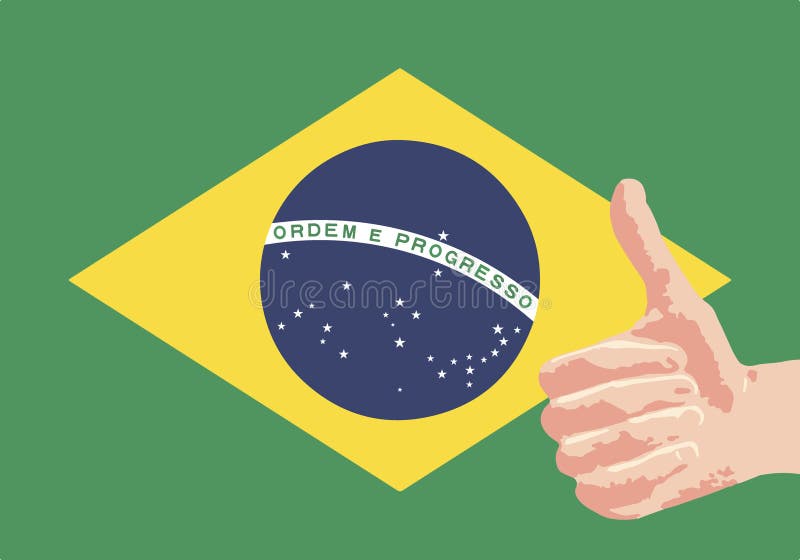 White Hand Shows Thumb Signal with Flag of Brazil in Background Stock ...