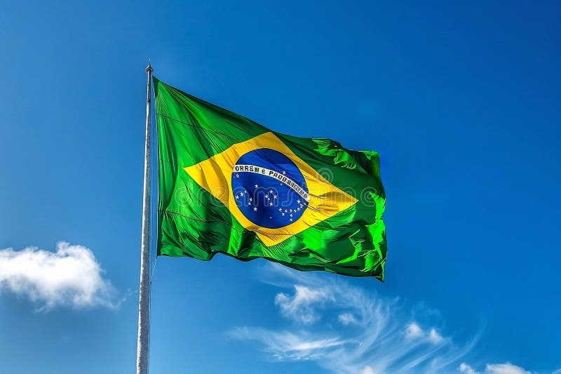 Flag of Brazil Waving in the Wind on a Background of Blue Sky Stock ...
