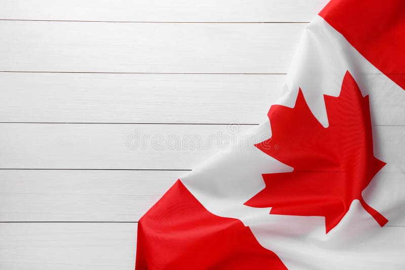 Flag of Canada on White Wooden Table, Top View. Space for Text Stock ...