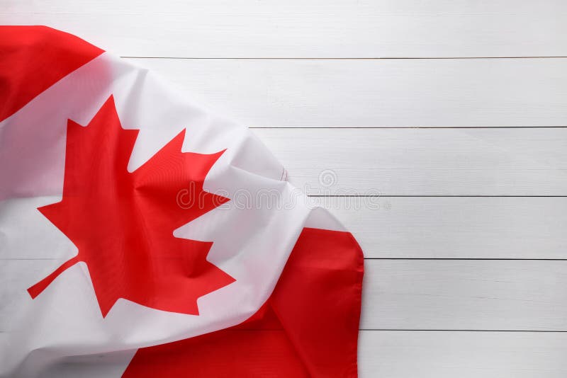 Flag of Canada on White Wooden Table, Top View. Space for Text Stock ...