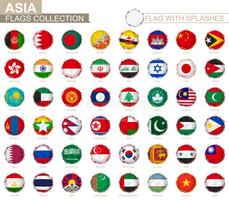 Flag Collection of Asia, Round Grunge Flag with Splashes Stock Vector ...
