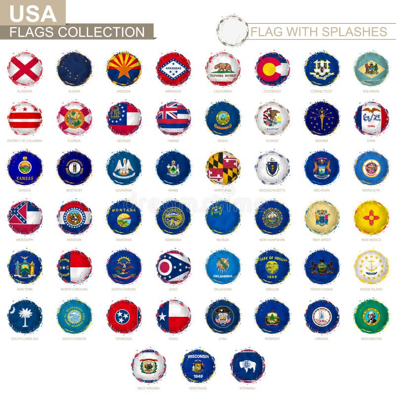 Flag Collection of US State, Round Grunge Flag with Splashes Stock ...