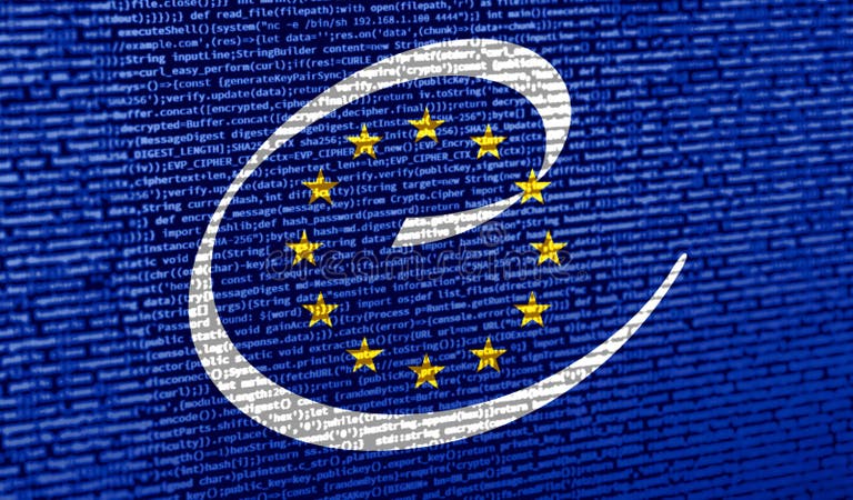 Flag of the Council of Europe Over Digital Code. Concept of ...